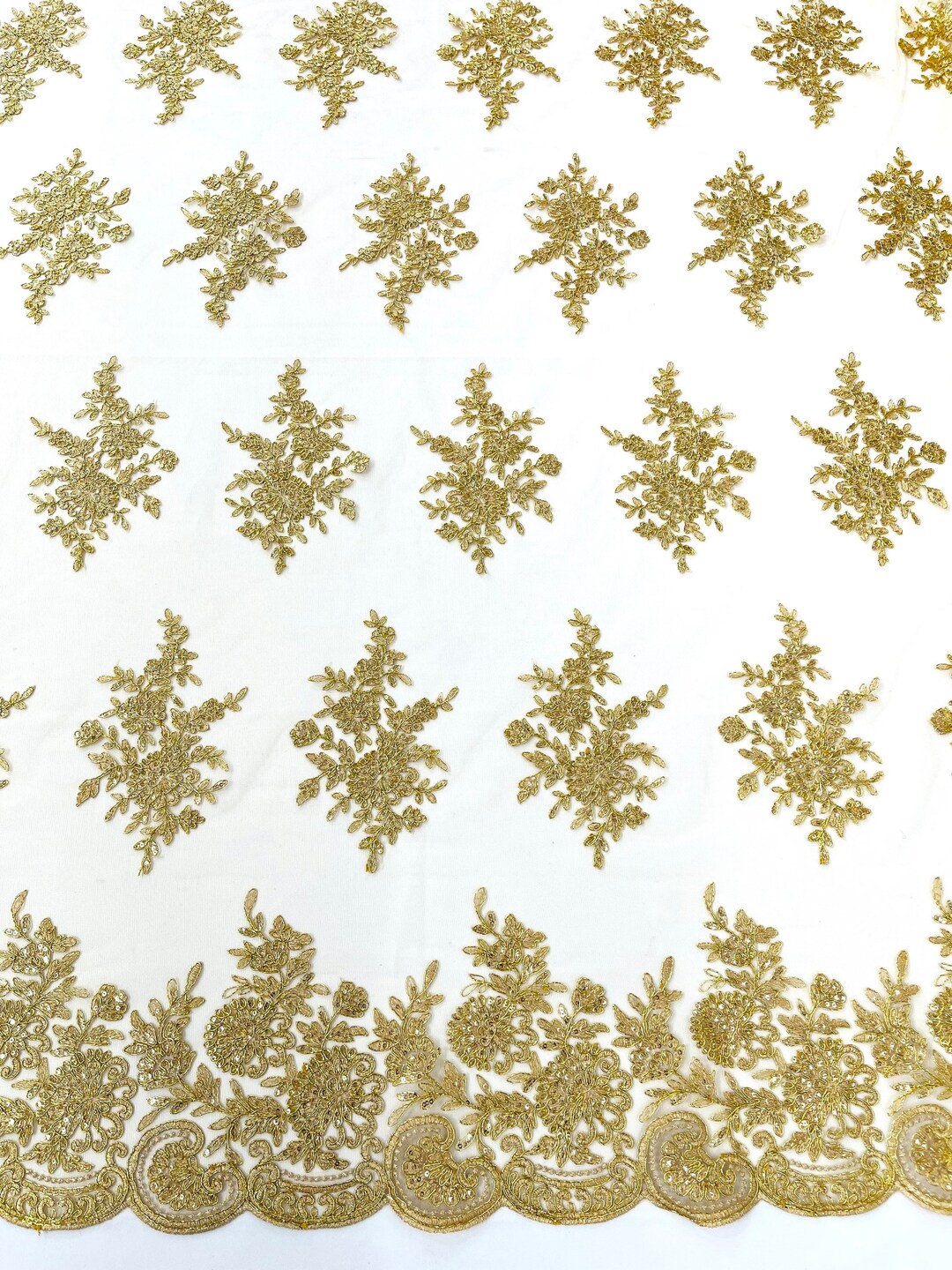 Metallic Gold Floral Corded Embroider With Sequins on a Mesh Lace ...