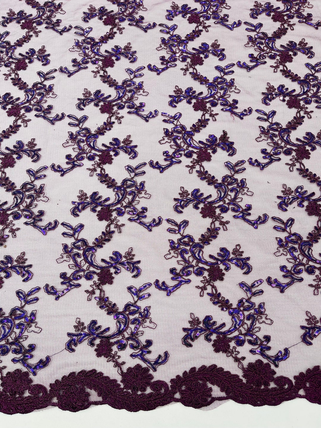Plum Flower Lace Corded and Embroider With Sequins on a Mesh-sold by ...
