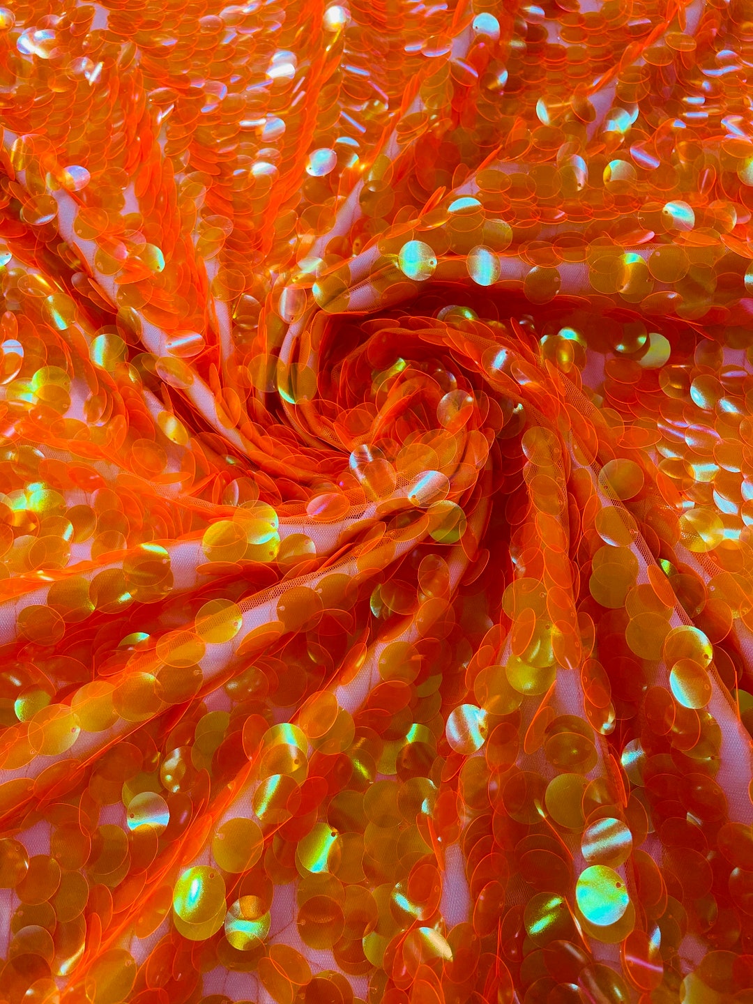 Orange Iridescent Round Sequin Paillette on A Orange Mesh Fabric/ 54 ...
