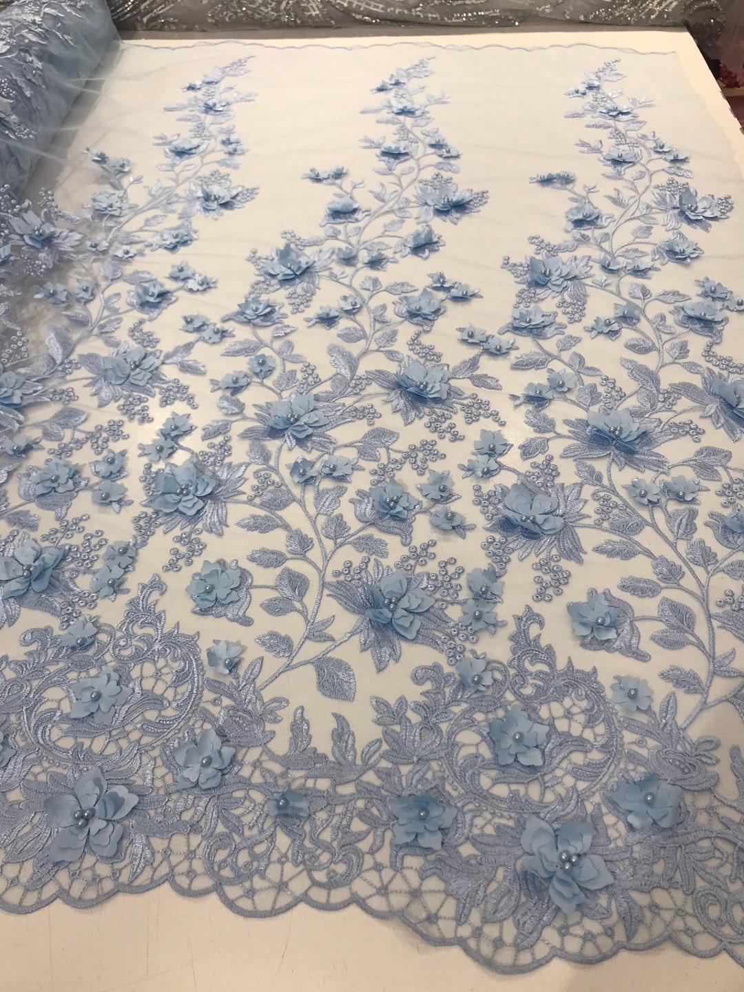 Sky Blue 3d Floral Design Embroidery With Pearls on a Mesh Lace-dresses ...