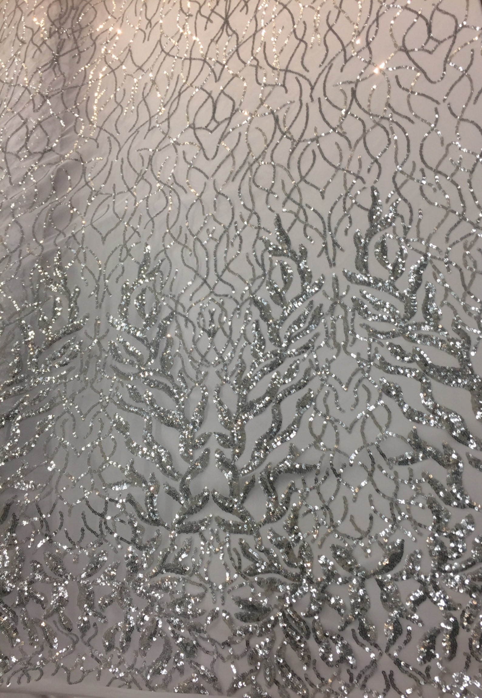 Dazzling White Silver Fashion Tree Embroider With Sequins on a Mesh ...