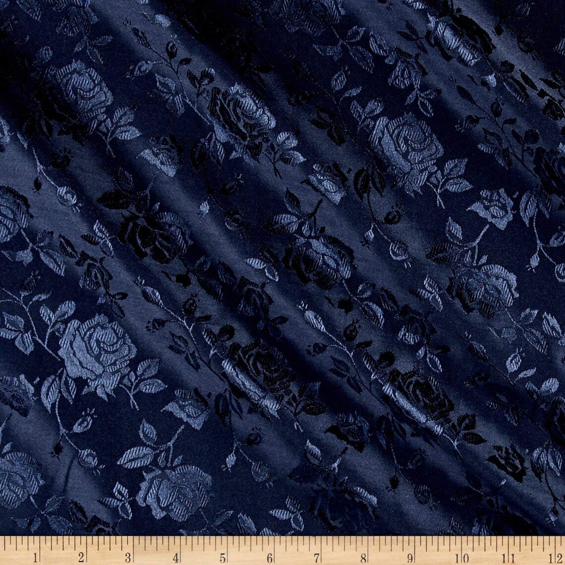 Navy Blue 60" Wide Polyester Flower Brocade Jacquard Satin Fabric, Sold ...