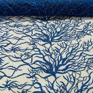 Royal Blue Vine Design Embroider and Heavy Beading on a Mesh Lace-sold ...