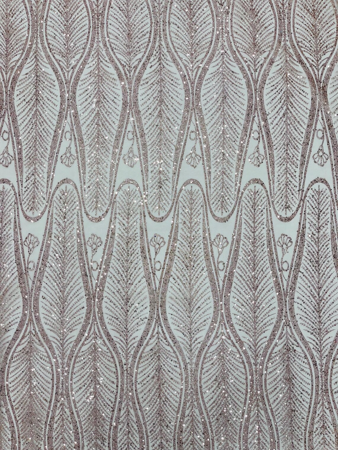 Blush Pink Glitter Feather Damask Design on A Beige Mesh Lace Fabric ...