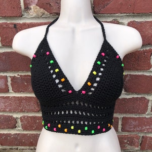 Black Handmade Rainbow Kandi Beaded Crochet Halter Rave Festival Crop ...