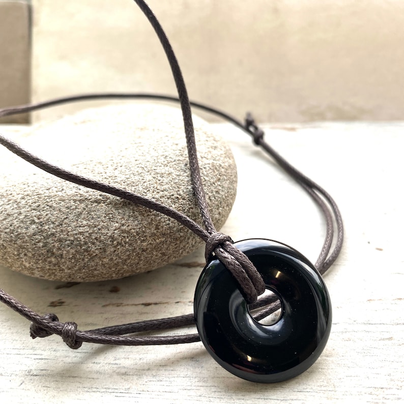 Mans Healing Crystal Pendant Leather Necklace Pi Stone Donut - Etsy