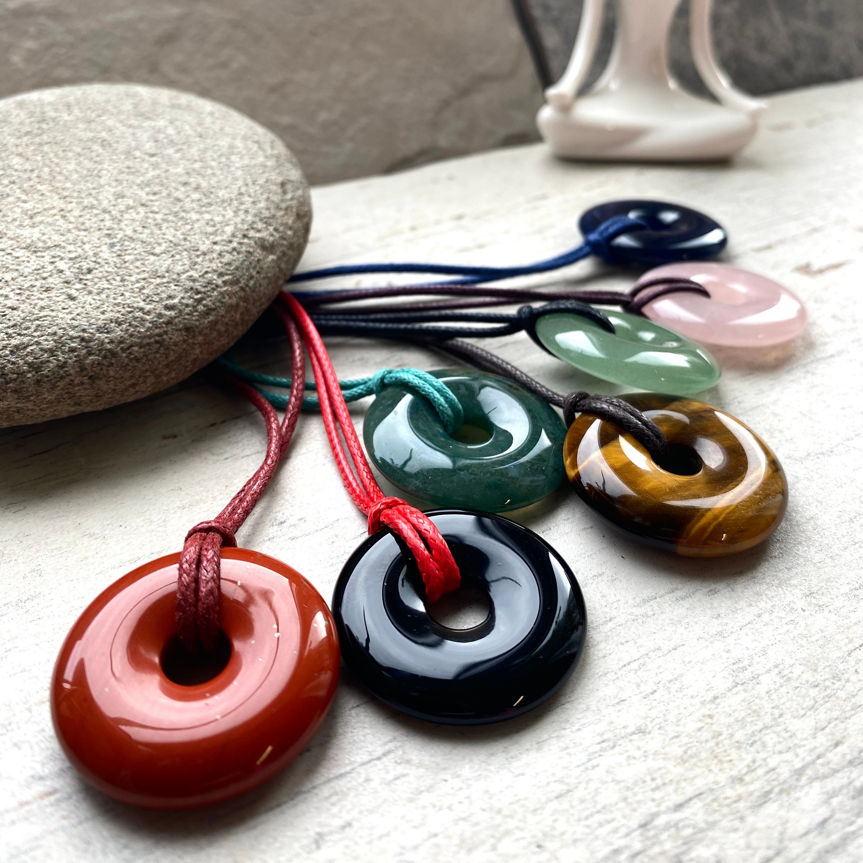 Pi Stone Donut Pendant, Healing Crystal Vegan Cord Necklace - Etsy