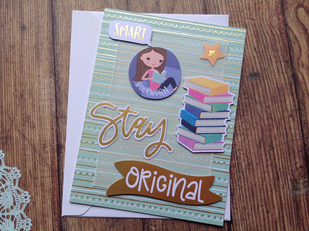 Handmade Bookworm Birthday Card: Foiled Mint Paper - Etsy
