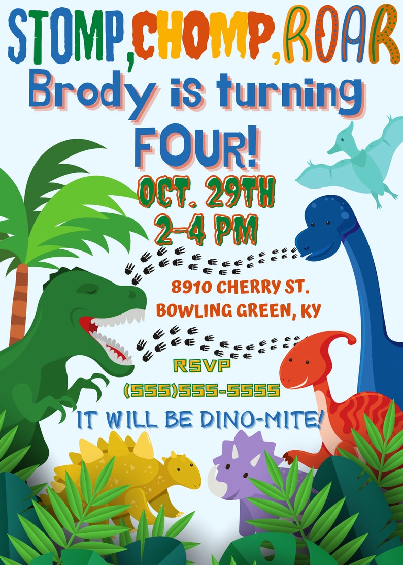 Stomp, Chomp, Roar Dinosaur Birthday Invitation - Etsy