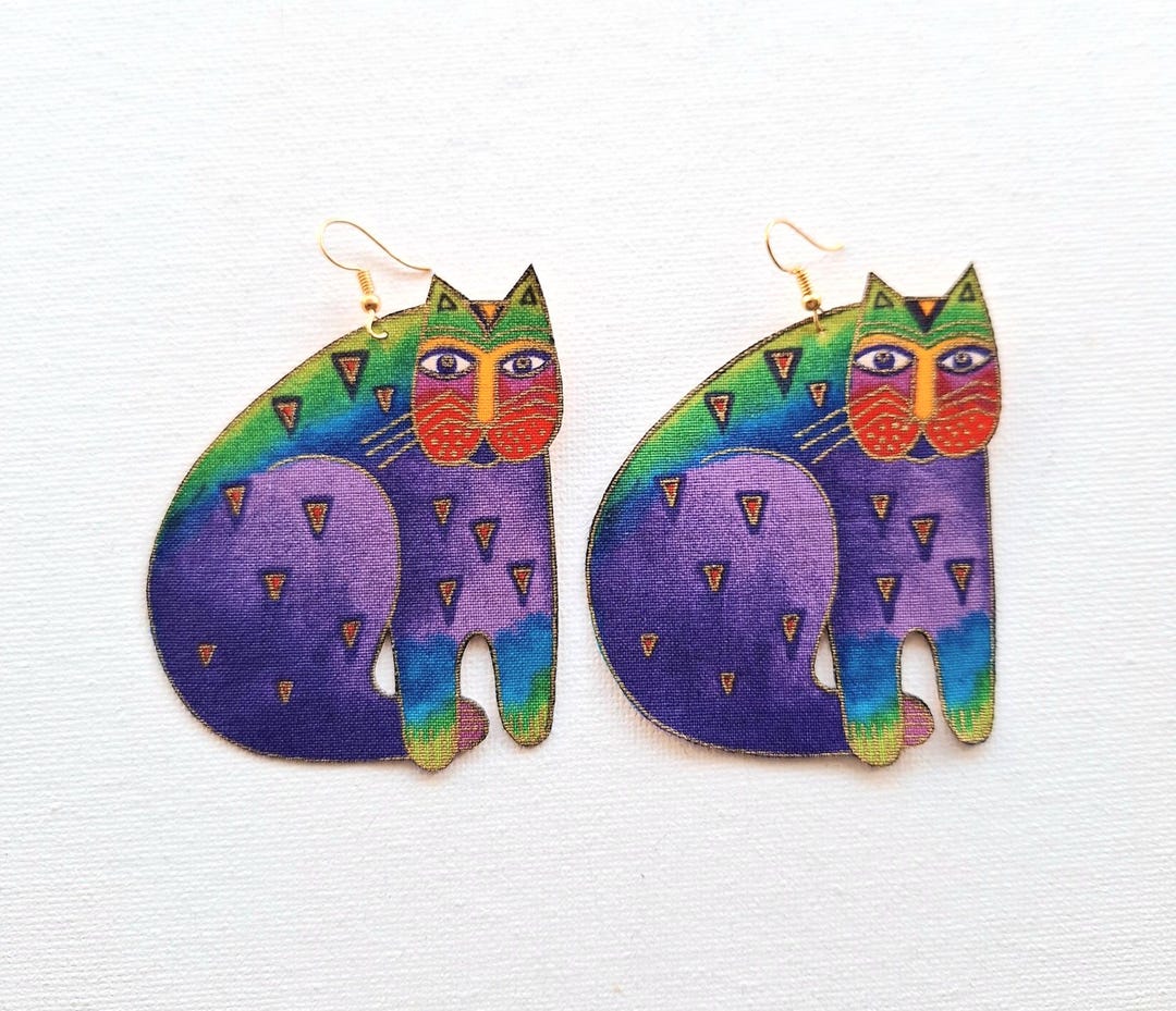 Fun Handmade Colorful Gold-etched Laurel Burch Fabric Cat Earrings, Cat ...