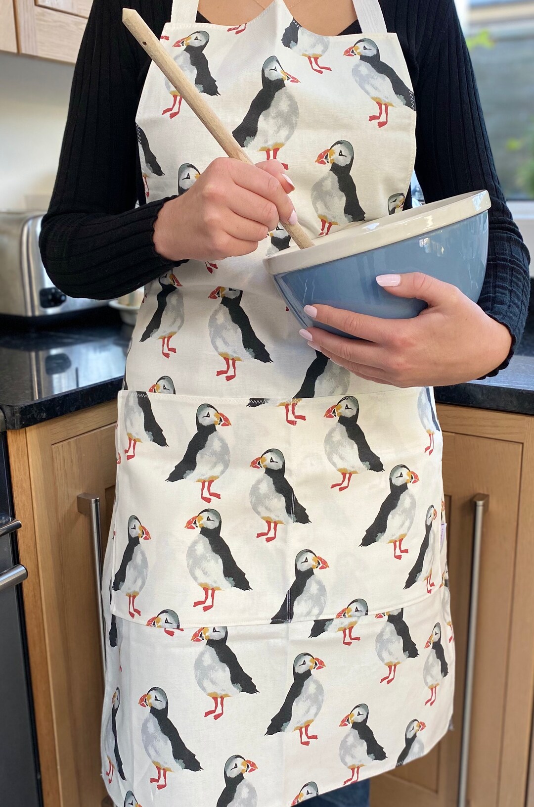 Cotton Apron With Large Double Fronted Pocket. Puffin Design. Kitchen ...
