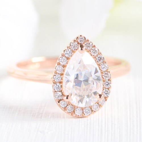 Pear Moissanite Engagement Ring In 14k Rose Gold Halo Diamond Etsy