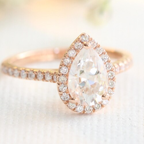 Pear Morganite Engagement Ring In 14k Rose Gold Halo Diamond Etsy