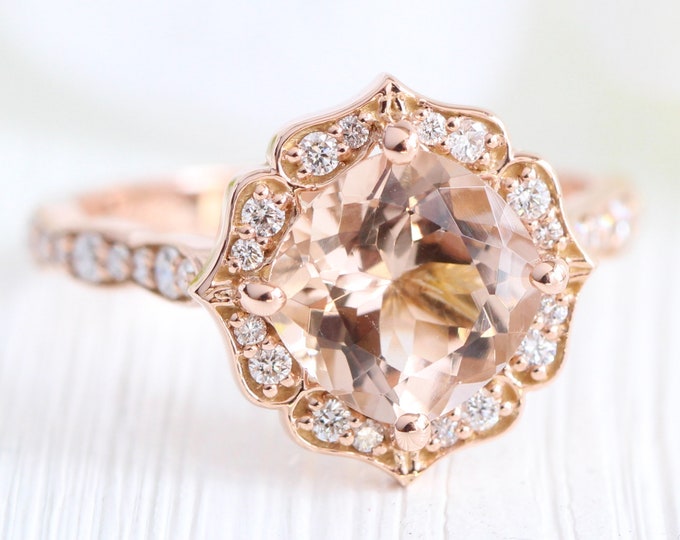 14k Rose Gold Vintage Floral Morganite Engagement Ring Scalloped Diamond Wedding Band 8x8mm ...