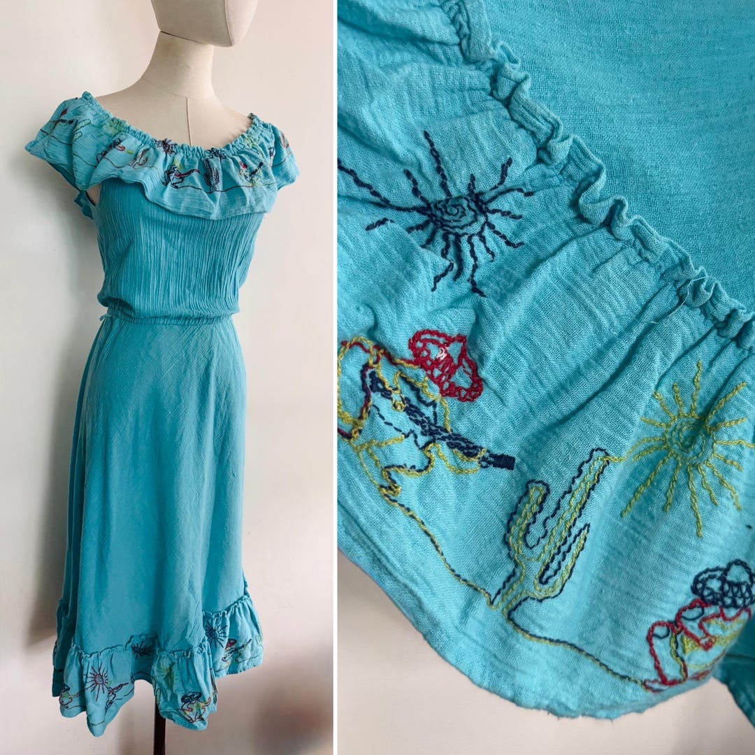 1970’s Does 1940’s Mexican Novelty Border Print Peasant Dress - Cotton ...
