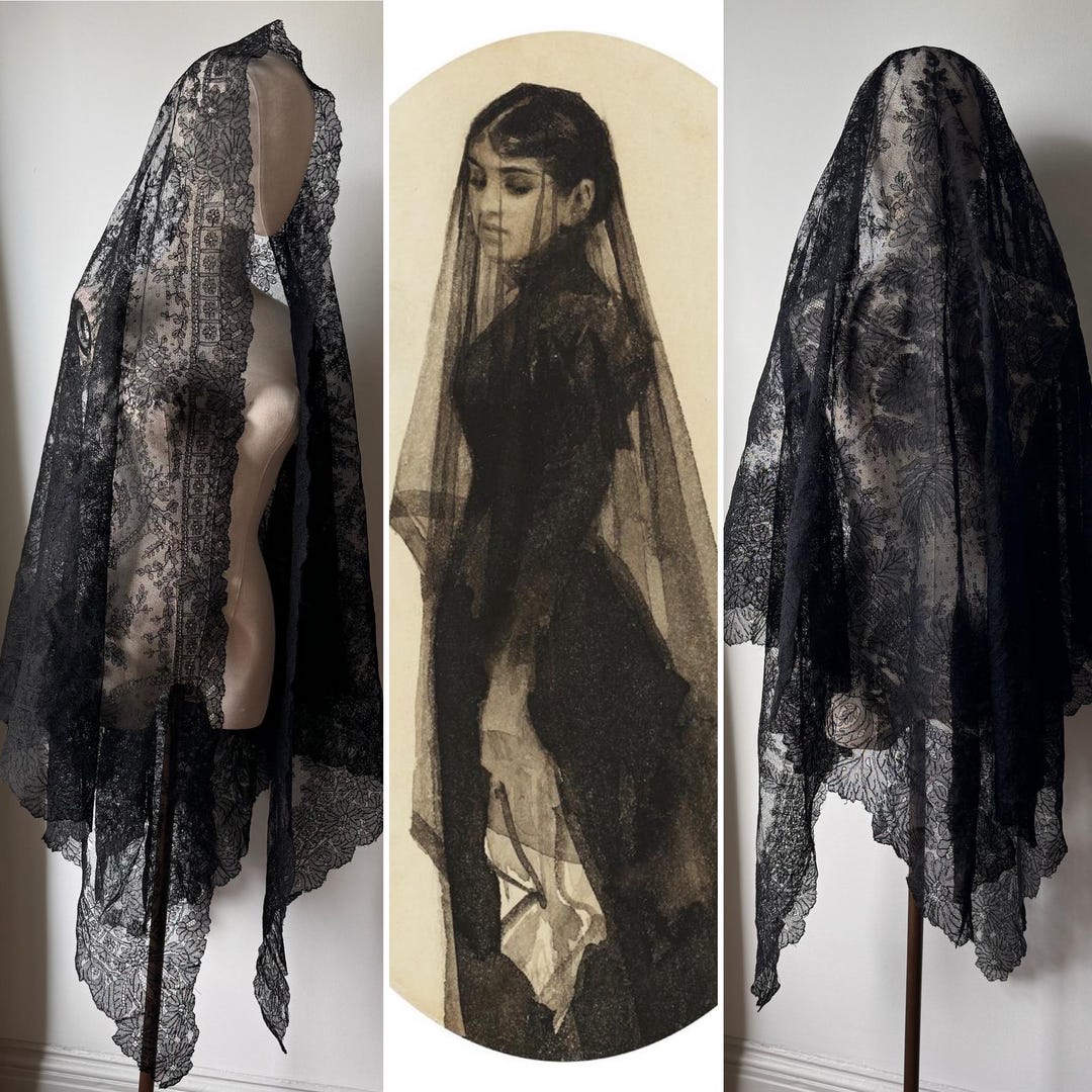 Antique Victorian Black Lace Mourning Veil Mantilla Shawl Bridal ...