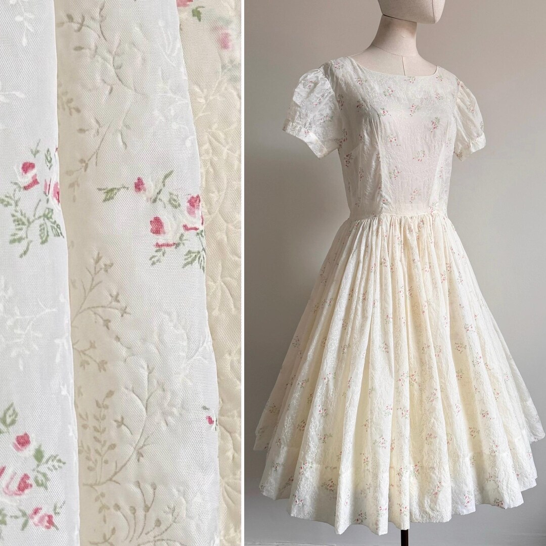 Sweet 1950's Sheer Delicate Rose Print Dress - Bridal - Prom - VLV ...