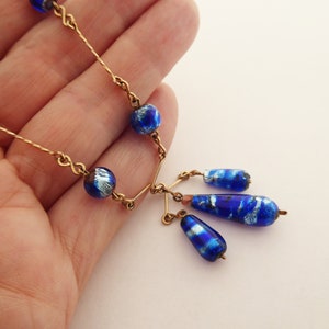Vintage Art Deco Era Blue Foiled Glass and Rolled Gold Link Dropper ...