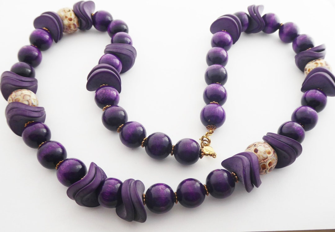 Vintage Freirich Purple Statement Necklace With Wooden, Plastic and ...