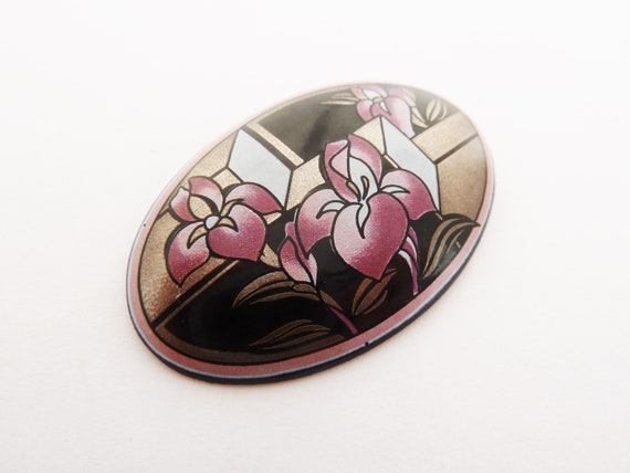 Vintage Michaela Frey Oval Enamel Brooch with Pink an… - Gem