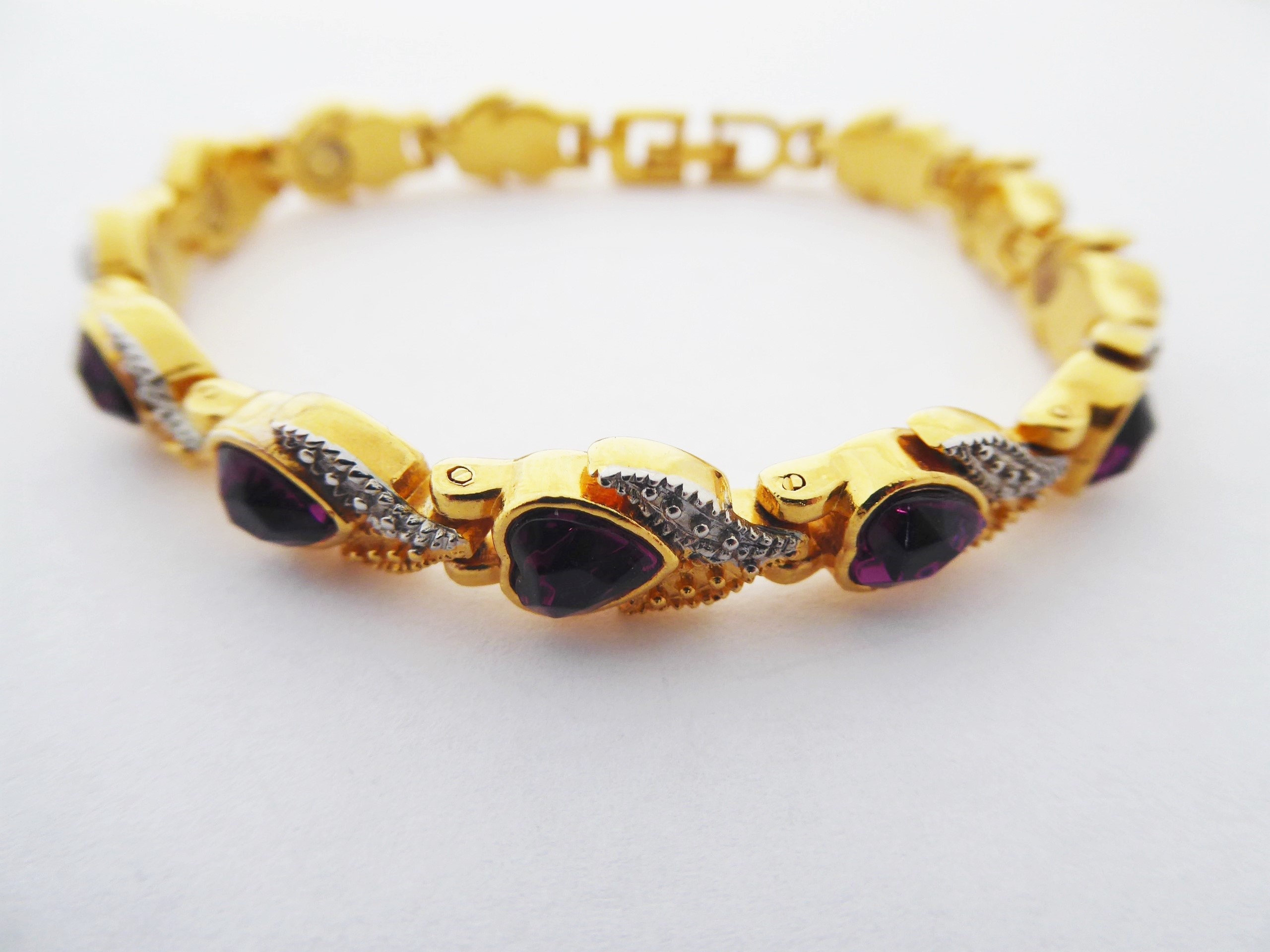 Vintage Purple Rhinestone Heart Gold Tone Link Bracelet With - Etsy UK