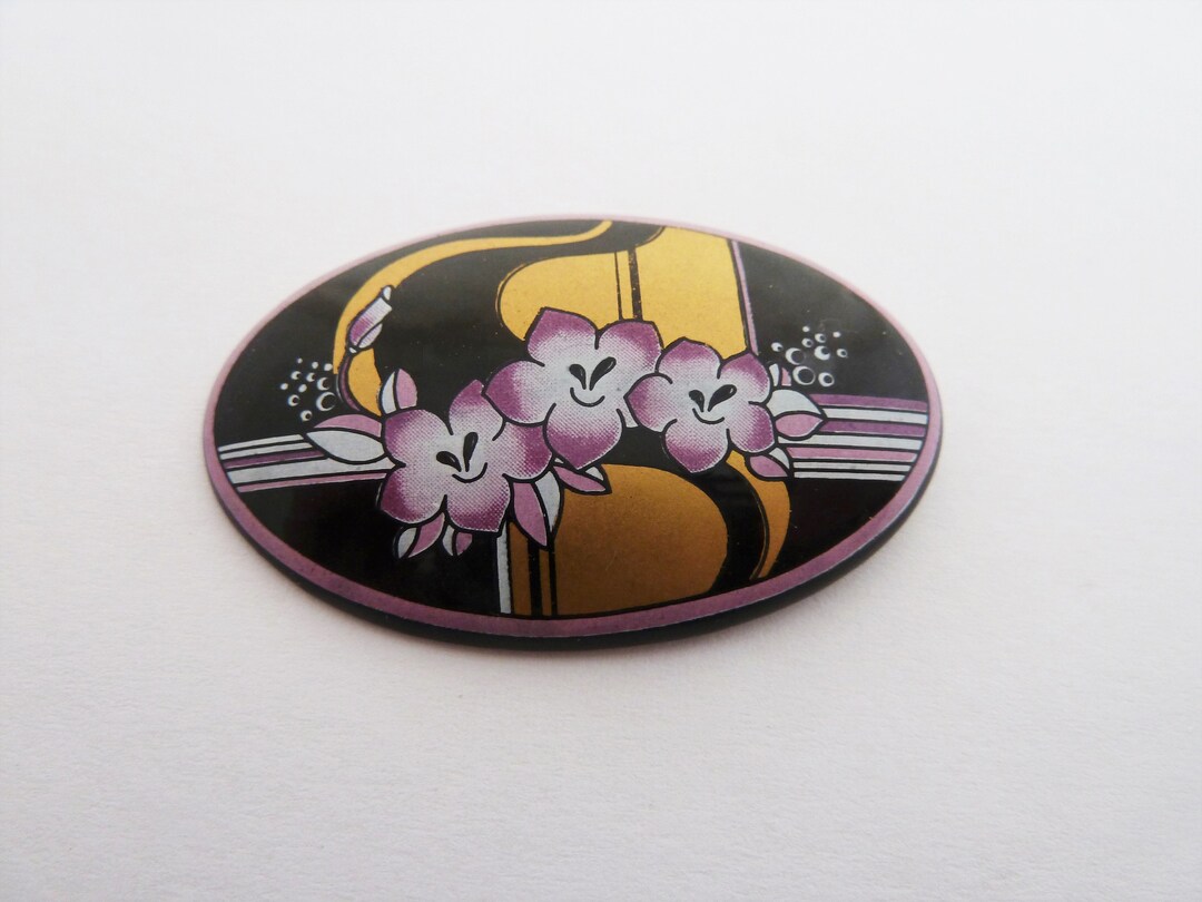 Vintage Michaela Frey Oval Enamel Brooch With Flower Design Pink and ...