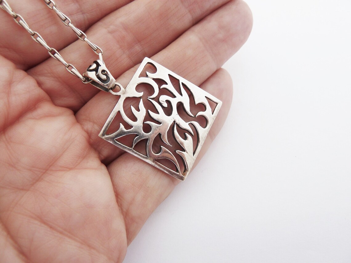 Vintage Sterling Silver Square Open Work Pendant With Swirling - Etsy UK