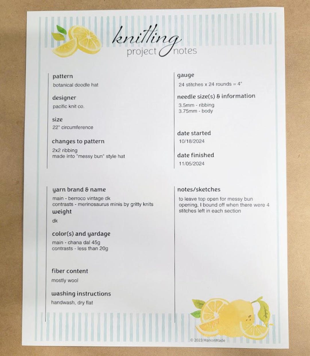 Knitting Project Notes PRINTABLE PDF ~ Lemons Design - Etsy