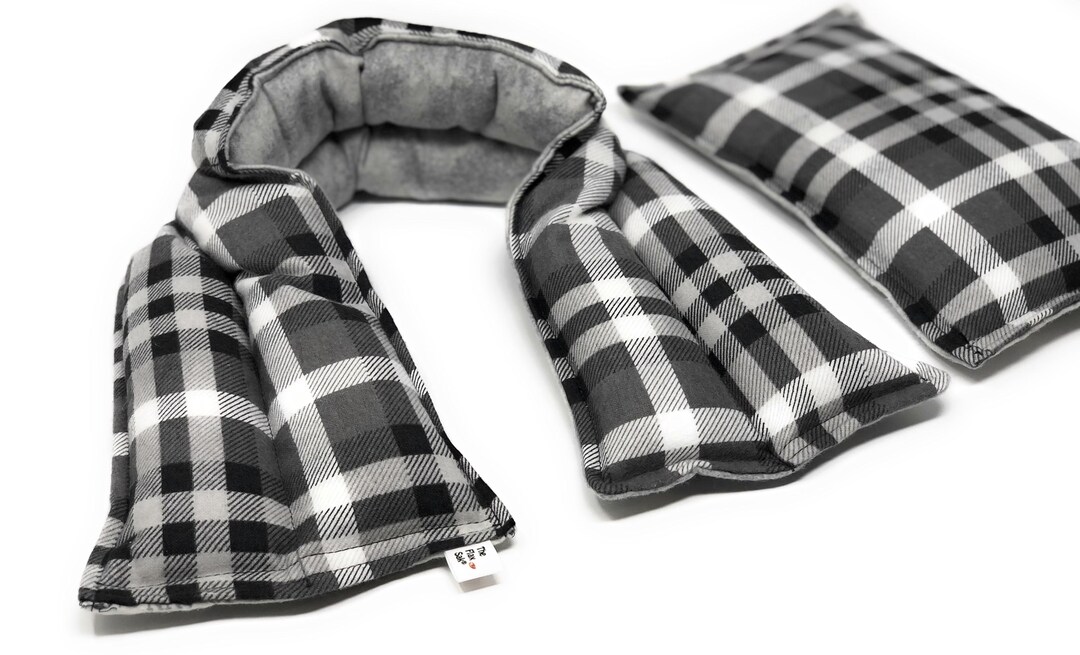 Flannel Flaxseed Neck & Lumbar Heating Pad: Grey Plaid Spa Set, Long ...