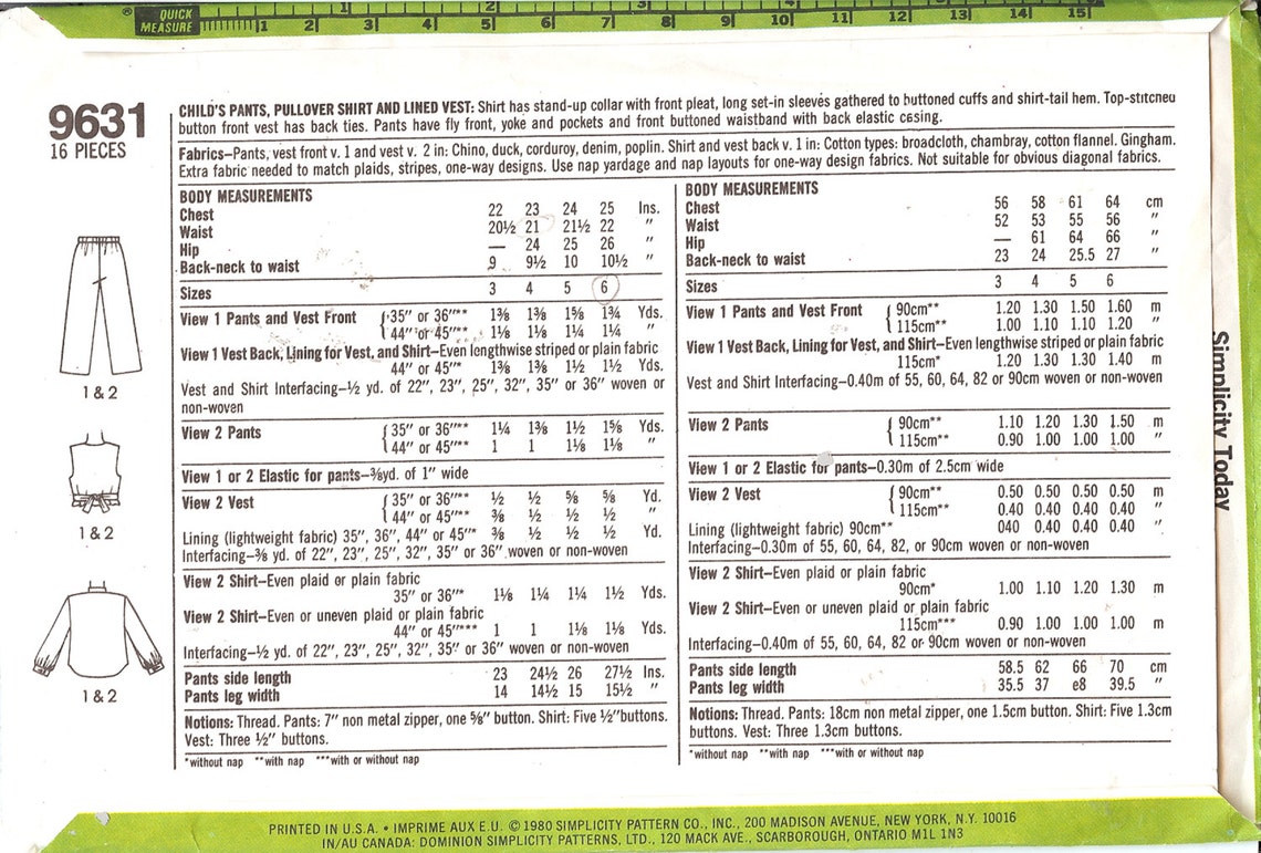 Simplicity 9631 UNCUT Child's Pants, Pullover, Shirt and Lined Vest ...