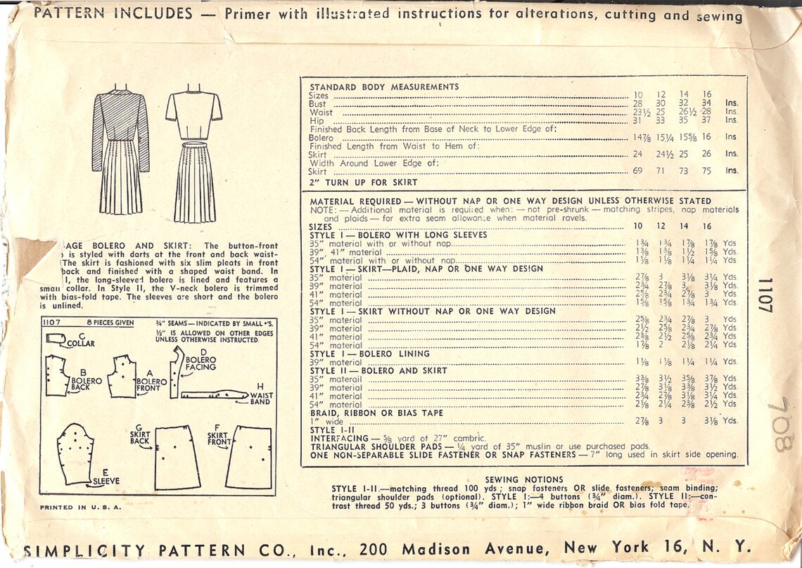 Simplicity 1107 Pattern 1944 Teen-age Bolero and Skirt ID535 - Etsy