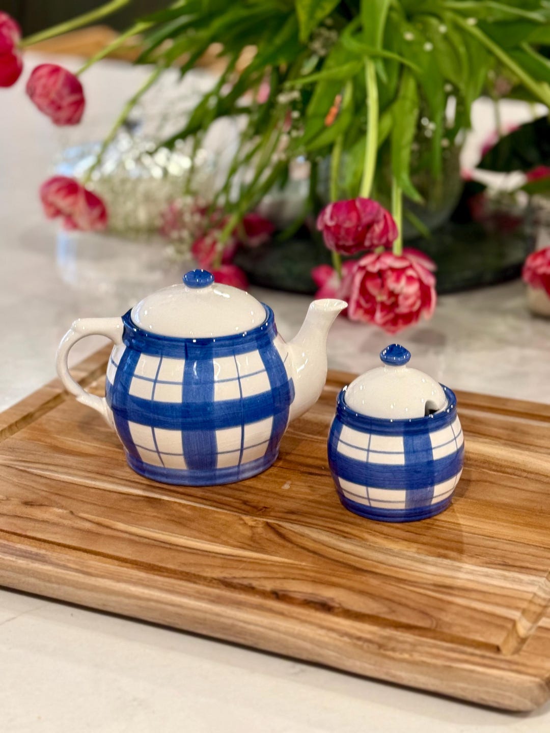 Vintage Blue and White Checkered Ceramic Teapot and Sugar Dish Tea Set ...