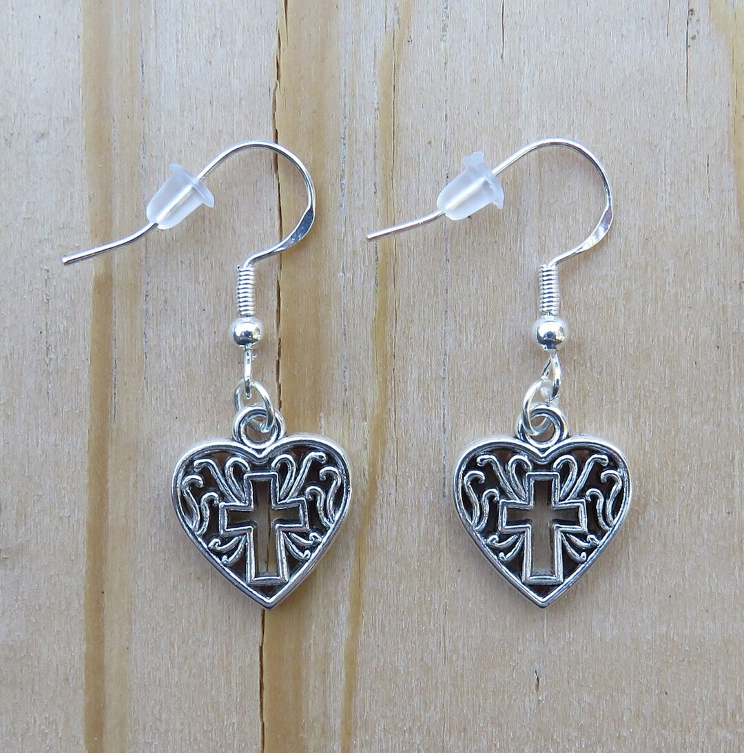 Sterling Silver Cross Heart Earrings, Cross Heart Earrings, Sterling Silver Earrings ...