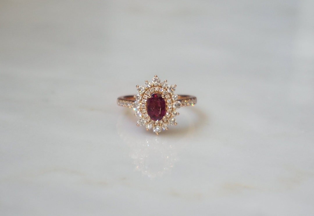 Rose Gold Ruby Ring / Vintage Estate 14K Rose Gold 1.64TCW Oval Fine Red Ruby & Diamond Double ...