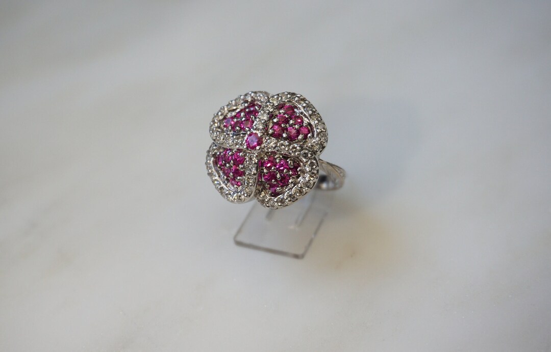 Pink Sapphire Clover Ring / Vintage Estate 14K White Gold 1.85TCW Vivid ...