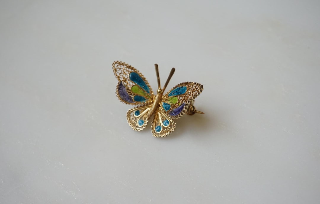 Enamel Butterfly Pin / Vintage Estate C1950 Gold Vermeil .800 Silver ...