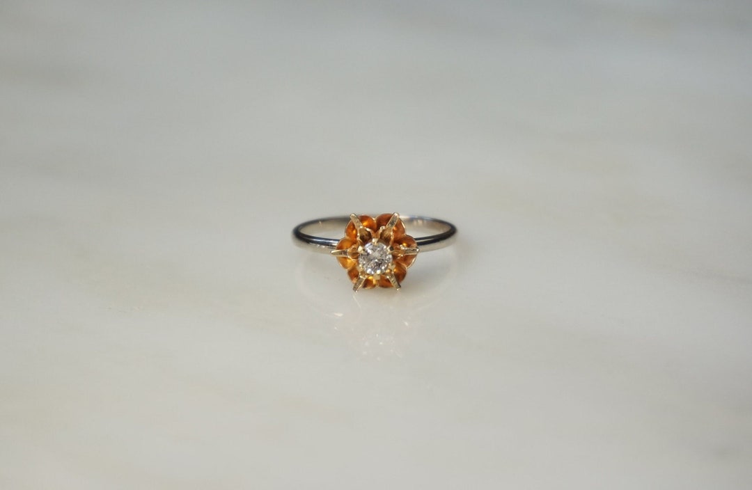 14K Diamond Buttercup Ring / Mid Century Estate C1960 14K Two Tone Gold ...