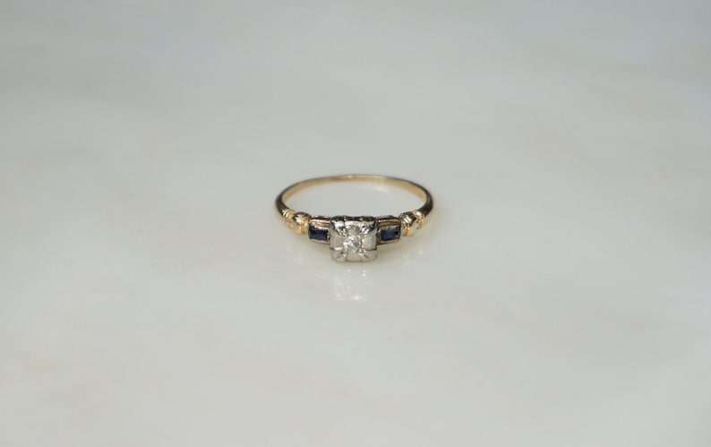 Diamond & Sapphire Ring / Antique Estate C1930 14K Gold 0.07TCW Round ...