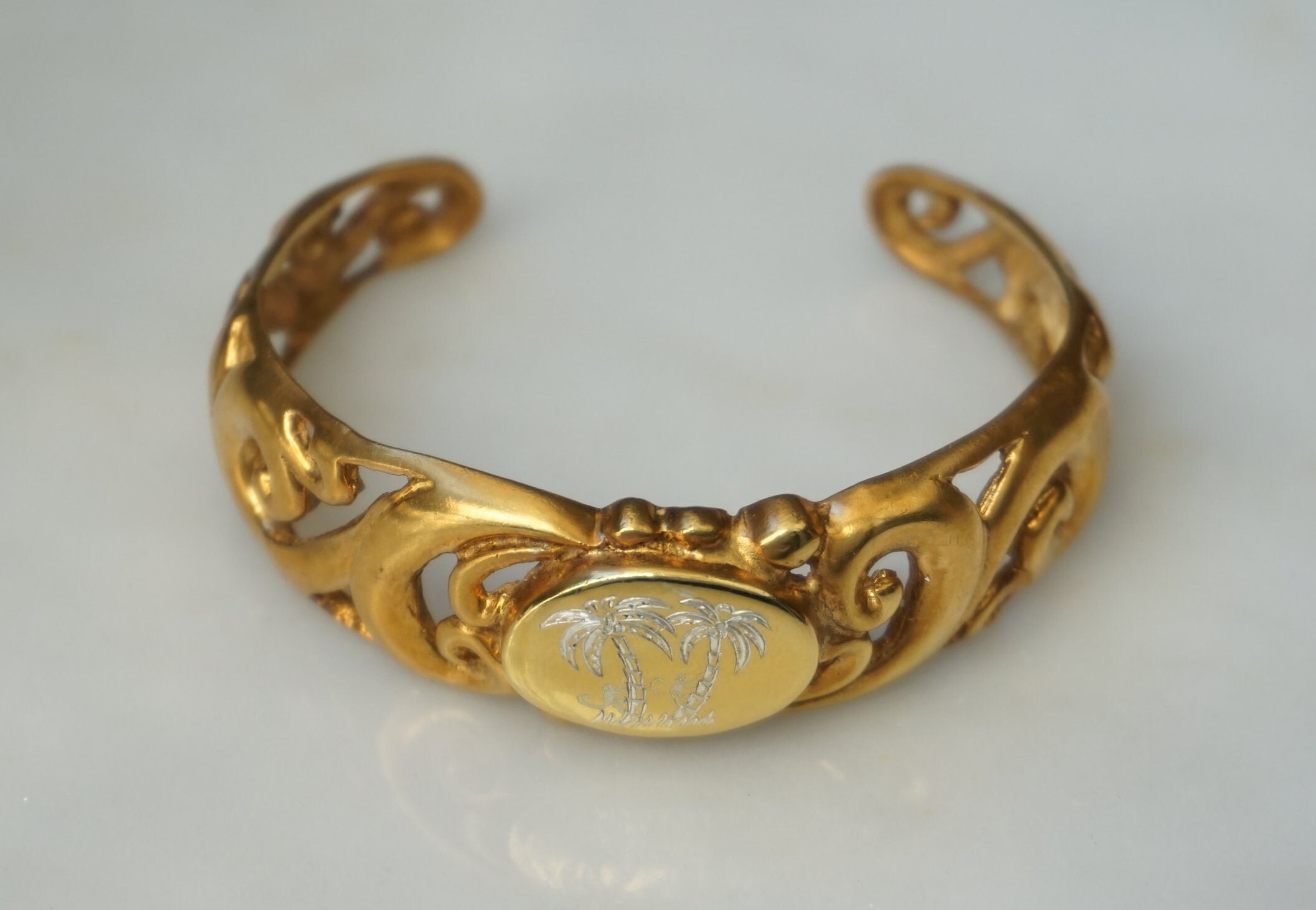 Gold Palm Tree Cuff Bracelet / Vintage Estate Vermeil Sterling Silver ...