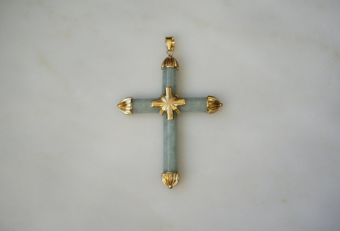 14K Gold Jade Cross / Unisex Vintage Estate 14K Gold Natural Jade Cross ...