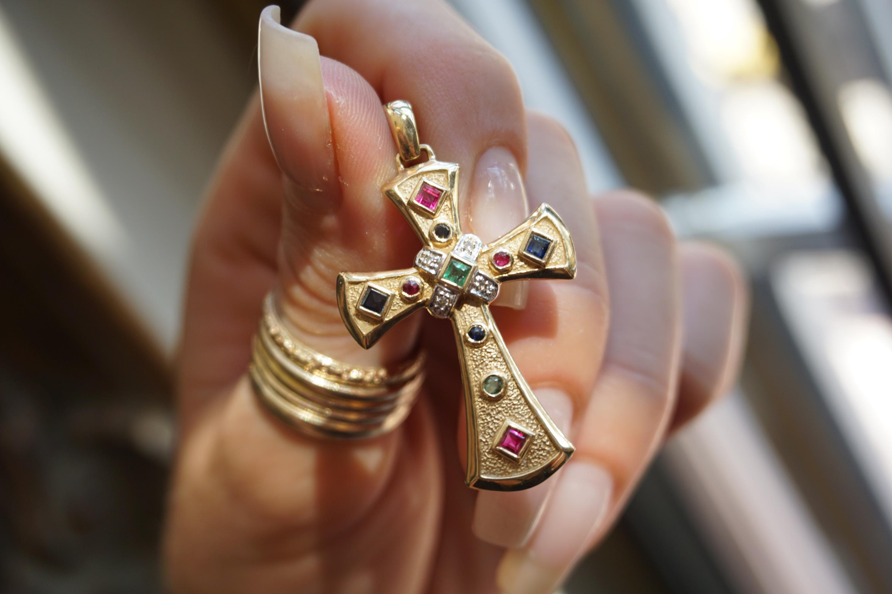 Ruby Sapphire Emerald Cross / Unisex Men's Vintage Estate Ruby Sapphire Emerald Cross / Unisex Men's Vintage Estate