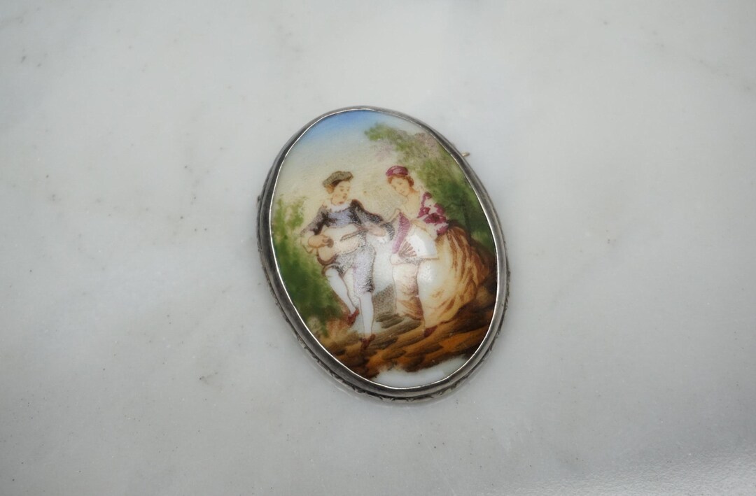 Hand Painted Portrait Pin / Antique Estate C1890 Sterling Silver Hand ...