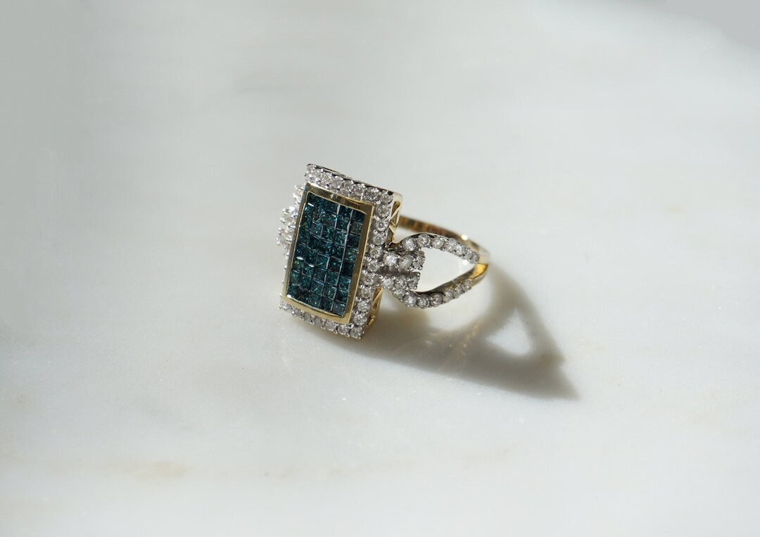 14K Blue Diamond Ring / Estate 14K Gold 3.50TCW Square Blue Diamond ...
