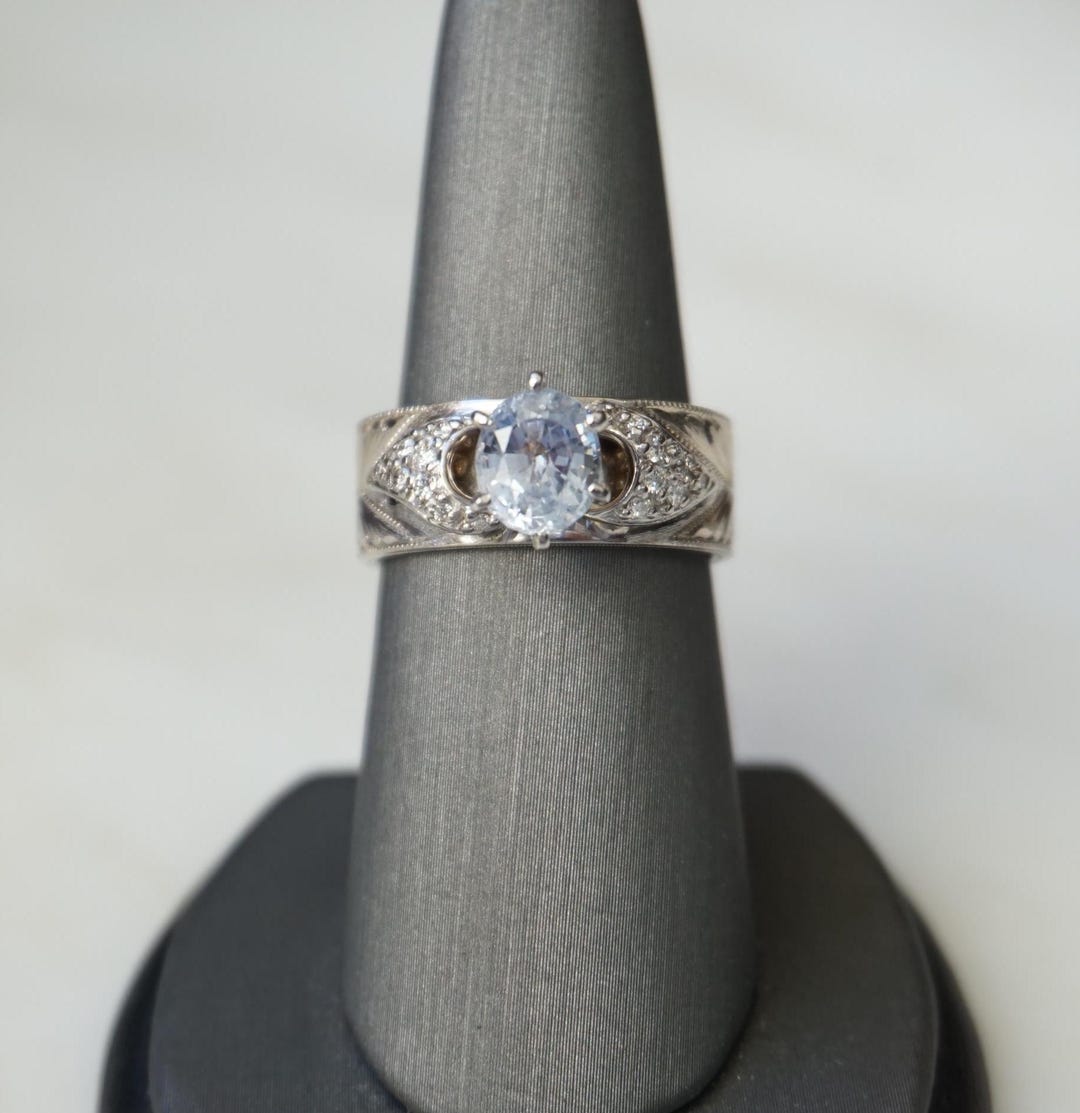 Ceylon Sapphire Ring / Vintage Estate C1970 14K White Gold 1.90TCW Oval ...