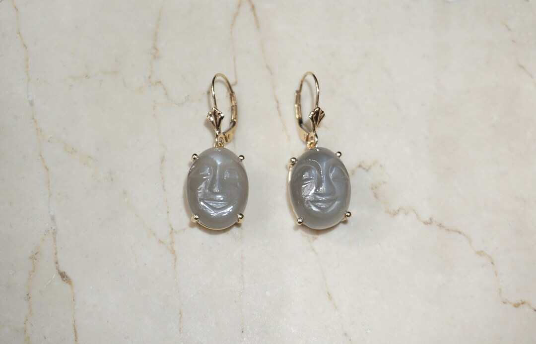 Vintage Estate 14K Gold Carved Moon Face Grey Moonstone Drop Dangle ...