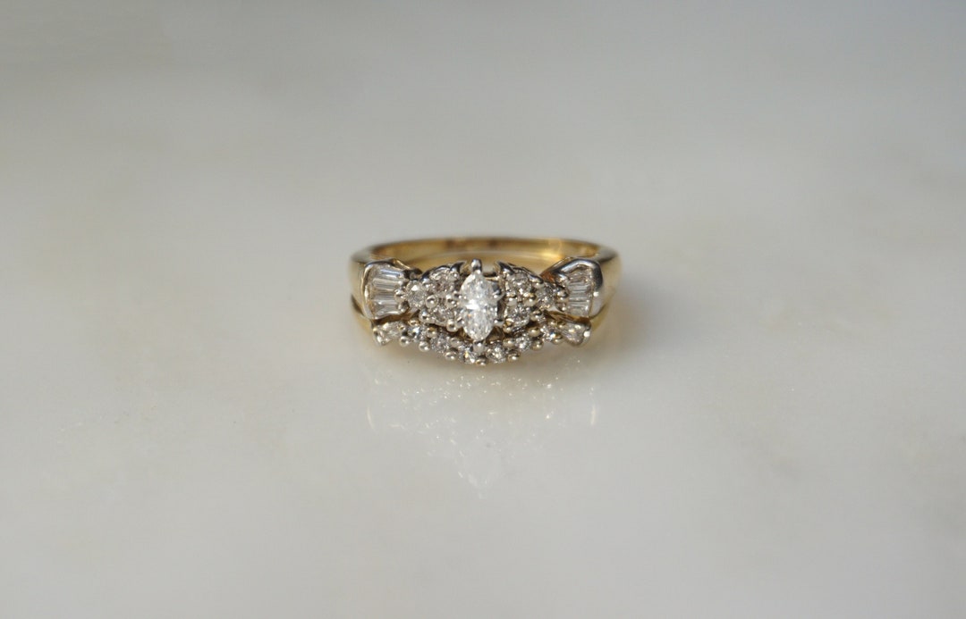 Marquise Diamond Wedding Set / Vintage Estate 14K Gold 1TCW Marquise ...