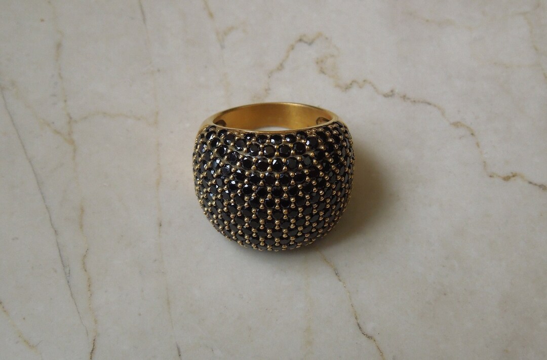 Black Spinel Gold Dome Ring / Vintage Estate Sterling Silver Gold ...