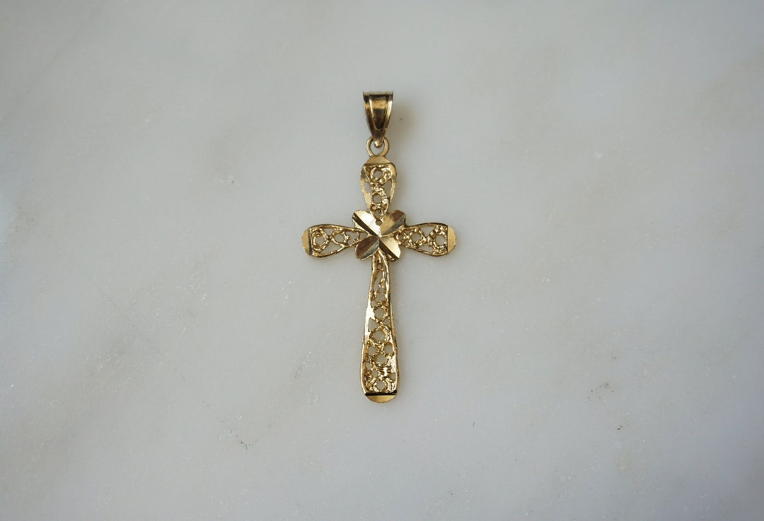 10K Gold 4-leaf Clover Cross / Unisex Vintage Estate 10K Gold Filigree ...