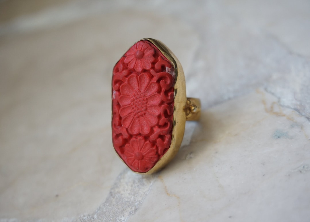 Orientalist Cinnabar Ring / Vintage Estate Sterling Silver Gold Vermeil ...