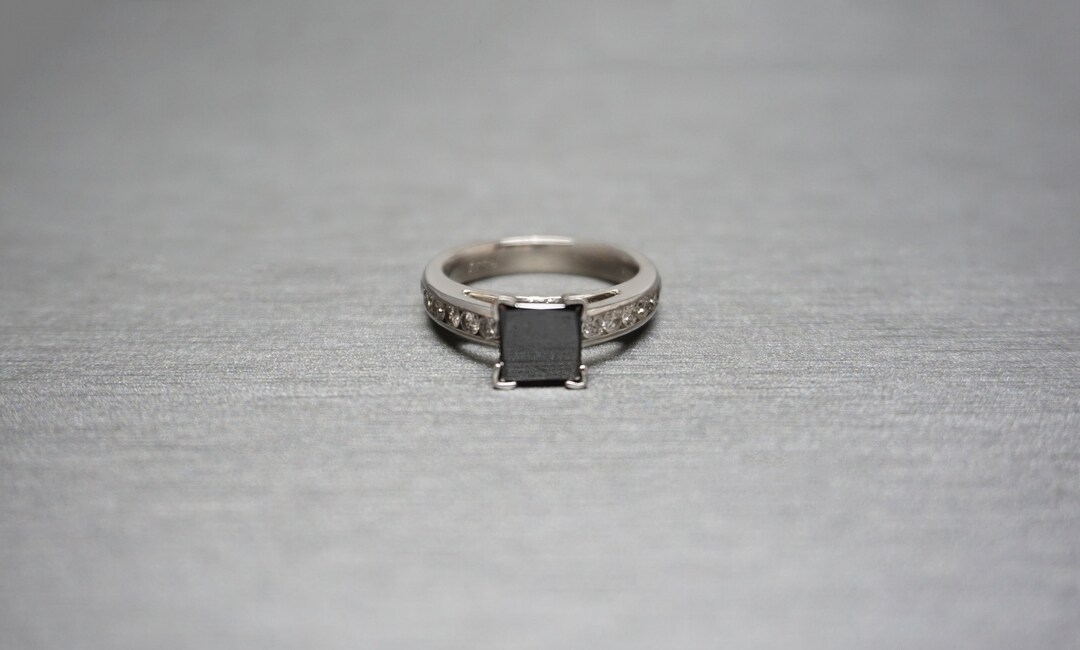 Square Black Diamond / Vintage Estate 14K White Gold 1.66 Carat Black ...